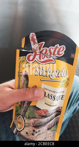 Aoste sausage stickado. Meat snacking, salami sticks Stock Photo - Alamy