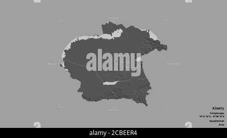 Almaty, region of Kazakhstan. Bilevel elevation map with lakes and ...