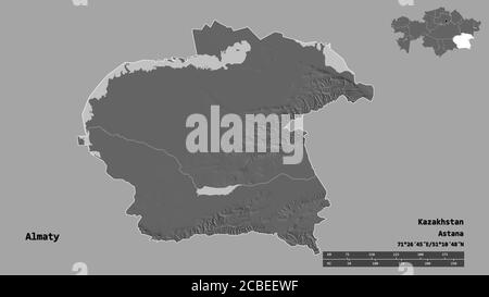 Almaty, region of Kazakhstan. Bilevel elevation map with lakes and ...