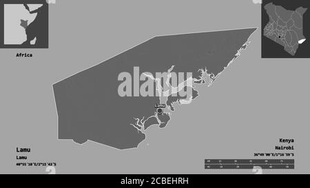 Shape of Lamu, county of Kenya, and its capital. Distance scale ...