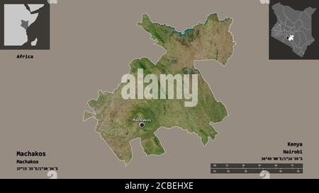Shape of Machakos, county of Kenya, and its capital. Distance scale ...