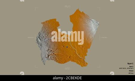 Zoom in on Nyeri (county of Kenya) outlined. Oblique perspective ...