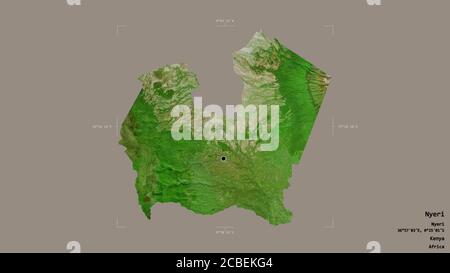 Zoom in on Nyeri (county of Kenya) outlined. Oblique perspective ...
