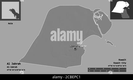 Al Jahrah, province of Kuwait. Bilevel elevation map with lakes and ...