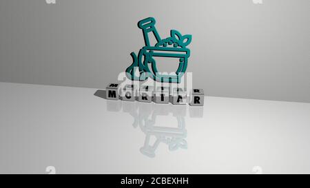 mortar text of cubic dice letters on the floor and 3D icon on the wall ...