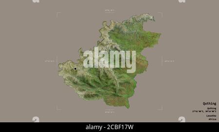 Quthing, district of Lesotho. Satellite imagery. Shape outlined against ...