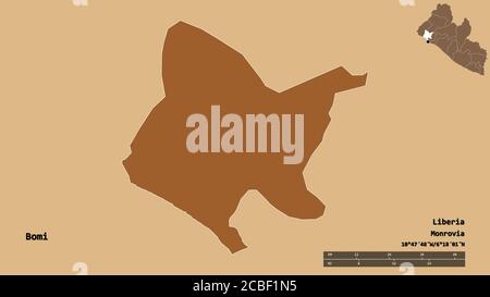 Shape of Bomi, county of Liberia, with its capital isolated on white ...