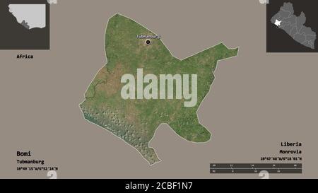 Shape of Bomi, county of Liberia, with its capital isolated on white ...