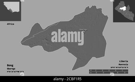 Bong, county of Liberia. Bilevel elevation map with lakes and rivers ...