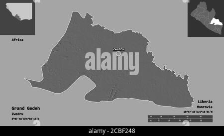 Grand Gedeh, county of Liberia. Bilevel elevation map with lakes and ...