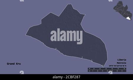 Grand Kru, county of Liberia. Colored elevation map with lakes and ...