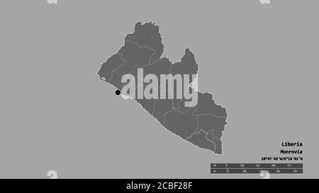 Grand Kru, county of Liberia. Bilevel elevation map with lakes and ...