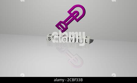 SHOVEL text of cubic dice letters on the floor and 3D icon on the wall ...
