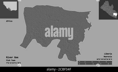 River Gee, county of Liberia. Bilevel elevation map with lakes and ...