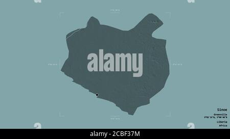 Zoom in on Sinoe (county of Liberia) outlined. Oblique perspective ...