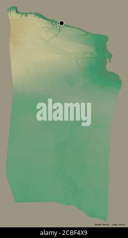 Shape of Darnah, district of Libya, with its capital isolated on white ...