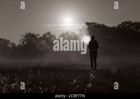 A person with a flashlight on a foggy meadow, with a flashlight in the ...