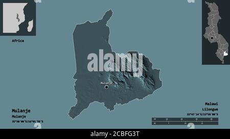 Mulanje, district of Malawi. Colored elevation map with lakes and ...