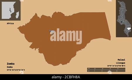 Shape of Zomba, district of Malawi, with its capital isolated on a ...