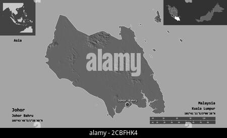 Johor, state of Malaysia. Bilevel elevation map with lakes and rivers ...