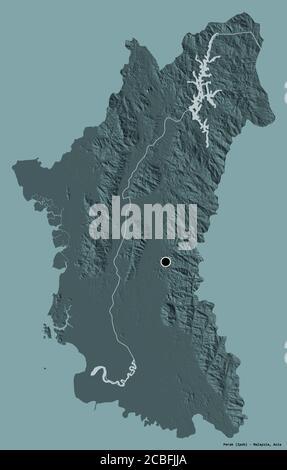 Perak, state of Malaysia. Colored elevation map with lakes and rivers ...