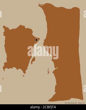 Pulau Pinang, state of Malaysia. Solid color shape. Locations and names ...