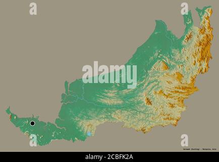Sarawak, state of Malaysia. Solid color shape. Locations of major ...