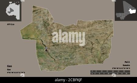 Shape of Gao, region of Mali, and its capital. Distance scale, previews ...