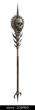 staff with a skull wooden with metal inserts on an isolated white ...