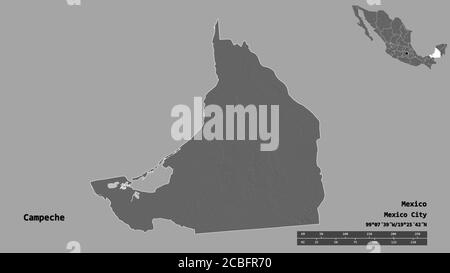 Campeche, state of Mexico. Bilevel elevation map with lakes and rivers ...