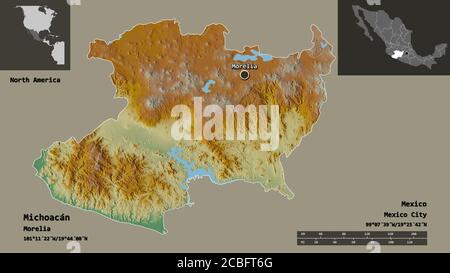 Shape of Michoacán, state of Mexico, with its capital isolated on solid ...