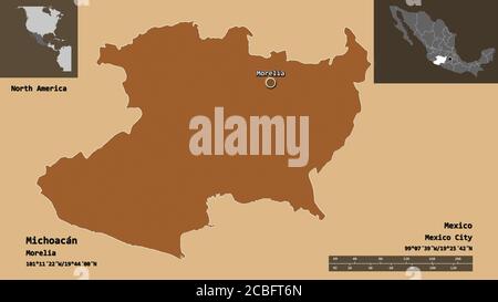 Shape of Michoacán, state of Mexico, with its capital isolated on solid ...