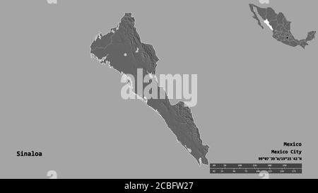 Sinaloa, state of Mexico. Bilevel elevation map with lakes and rivers ...