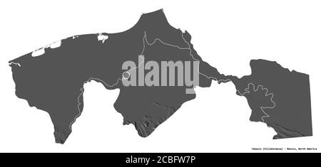 Tabasco, state of Mexico. Bilevel elevation map with lakes and rivers ...