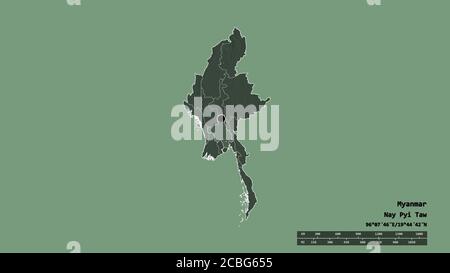 Bago, division of Myanmar. Colored elevation map with lakes and rivers ...