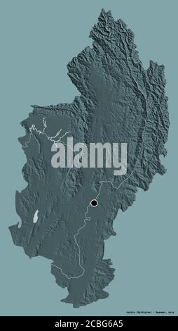 Kachin, state of Myanmar. Solid color shape. Locations and names of ...