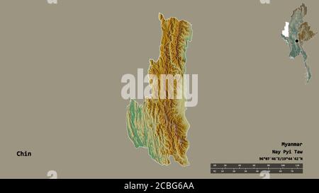 Shape of Chin, state of Myanmar, with its capital isolated on white ...