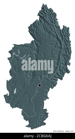 Shape of Kachin, state of Myanmar, with its capital isolated on white ...