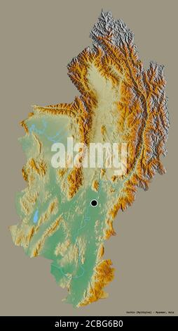 Kachin, state of Myanmar. Solid color shape. Locations and names of ...