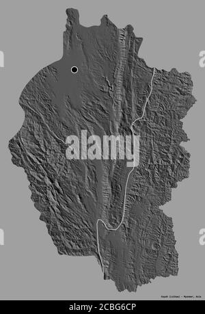 Kayah, state of Myanmar. Bilevel elevation map with lakes and rivers ...