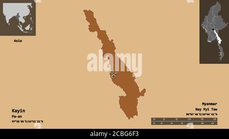 Shape of Kayin, state of Myanmar, and its capital. Distance scale ...