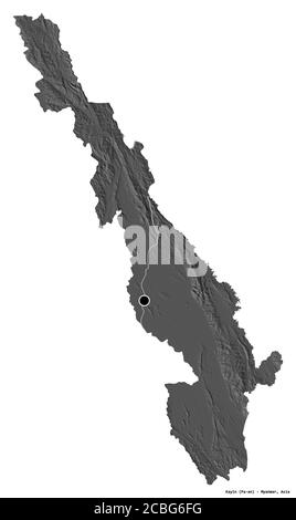 Kayin, state of Myanmar. Bilevel elevation map with lakes and rivers ...