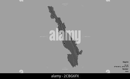 Kayin, state of Myanmar. Bilevel elevation map with lakes and rivers ...