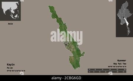 Shape of Kayin, state of Myanmar, and its capital. Distance scale ...