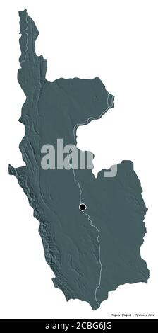 Magway, division of Myanmar. Colored elevation map with lakes and ...
