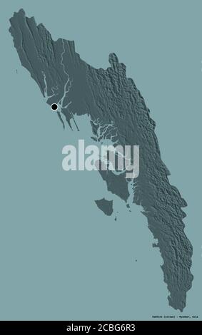 Rakhine, state of Myanmar. Colored elevation map with lakes and rivers ...