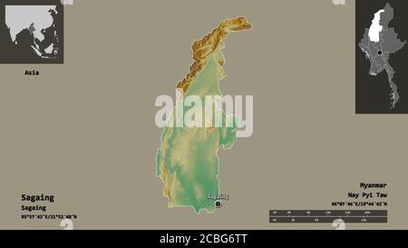 Shape of Sagaing, division of Myanmar, and its capital. Distance scale ...
