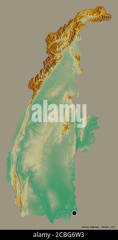 Sagaing, division of Myanmar. Solid color shape. Locations of major ...
