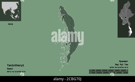 Tanintharyi, division of Myanmar. Colored elevation map with lakes and ...