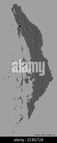 Tanintharyi, division of Myanmar. Bilevel elevation map with lakes and ...